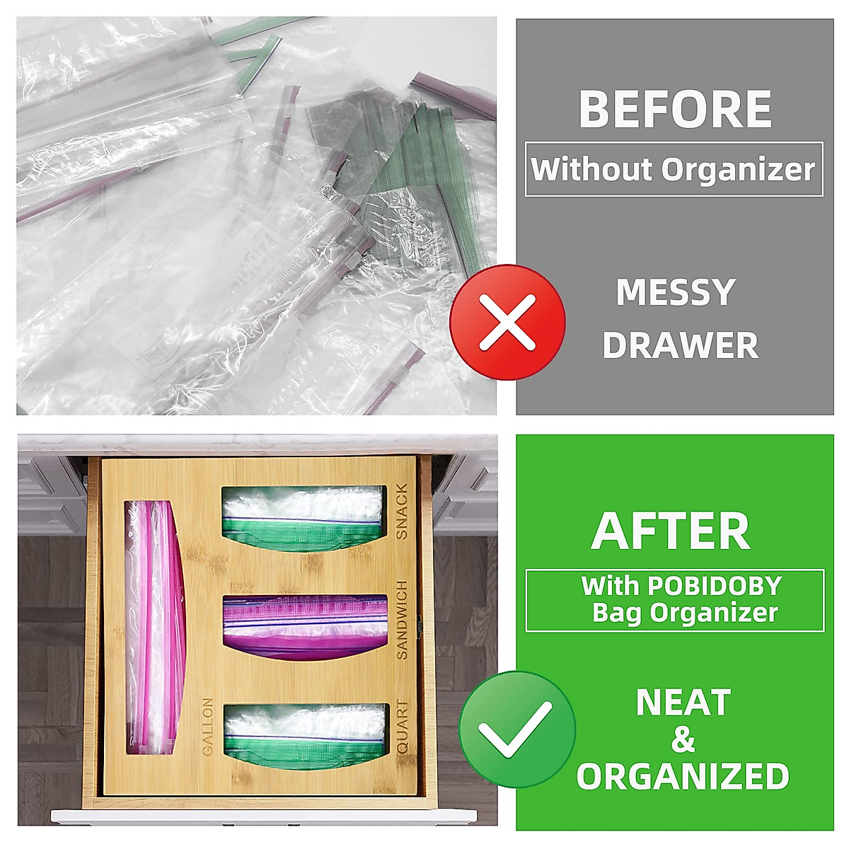 POBIDOBY Storage Bag Organizer Ziplock Bag Storage Baggie Organizer Dispenser for Kitchen Drawer with 4pcs Hooks, Bamboo Organizer Compatible with Gallon, Quart, Sandwich & Snack Variety Size Bags