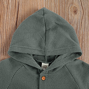 Kuriozud Newborn Unisex Baby Boy Girl Hoodie Romper Solid Long Sleeve One Piece Hooded Jumpsuit Waffle Outfit (Grey, 3-6 Months)