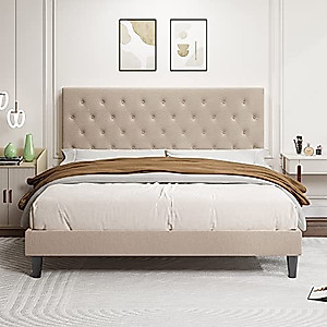 Allewie Queen Bed Frame with Adjustable Headboard/Diamond Stitched Button Tufted/Fabric Upholstered Platform Bed Frame/Wood Slat Support/No Box Spring Needed/Easy Assembly, Beige