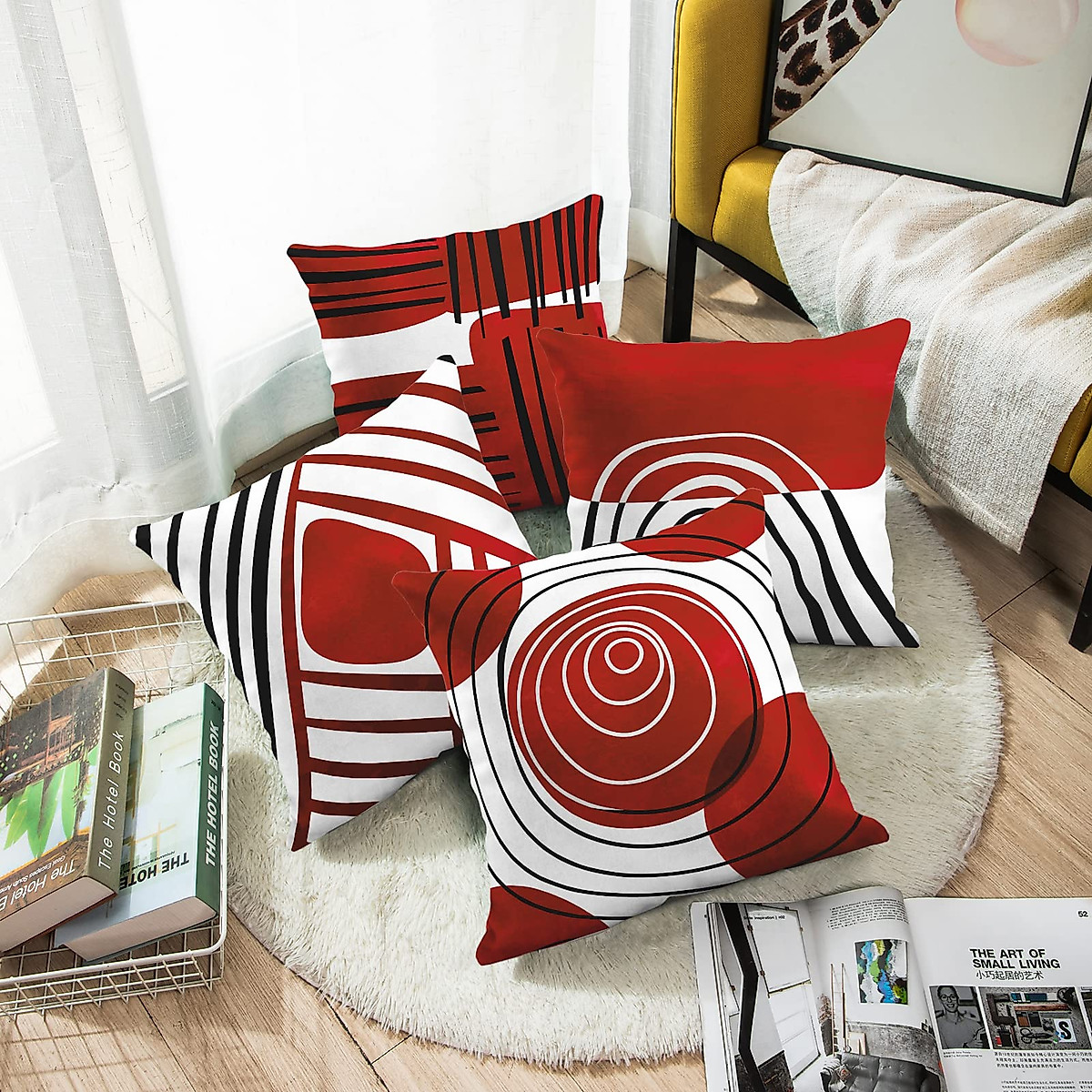 Emvency Boho Set of 4 Throw Pillow Covers Mid Century Bohemian Red Black Abstract Geometric Decorative Pillow Cases Home Decor Standard Square 18x18 Inches Pillowcases