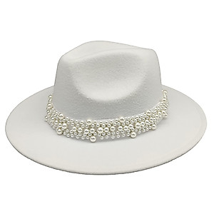Qkrlamx Black Fedora Hats for Women Wool Panama Hat with Pearl Band Wide Brim Felt Hat Classic Trilby Hat White