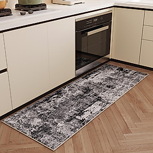 Rugcomf Runner Rug 2'6''x8' Hallway Runner Rug Washable Boho Soft Area Rug Abstract Pattern Non-Slip Faux Wool Vintage Rug for Kitchen, Entryway, Laundry, Bedroom, Grey and Black