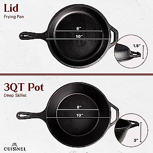 Cast Iron Skillet + Lid - 2-In-1 Multi Cooker - Deep Pot + Frying Pan - 3-Qt Dutch Oven - Pre-Seasoned Oven Safe Cookware - Indoor/Outdoor - Grill, Stovetop, Induction Safe - Great for Bread