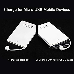 Attom Tech 2500mAh Power Bank Mini,Back-up Phone Battery Pack Ultra Slim,Pocket Size Thin External Phone Battery Pack Emergency Phone Power Built-in Charging Cable for Android Micro USB and Apple(WHT)