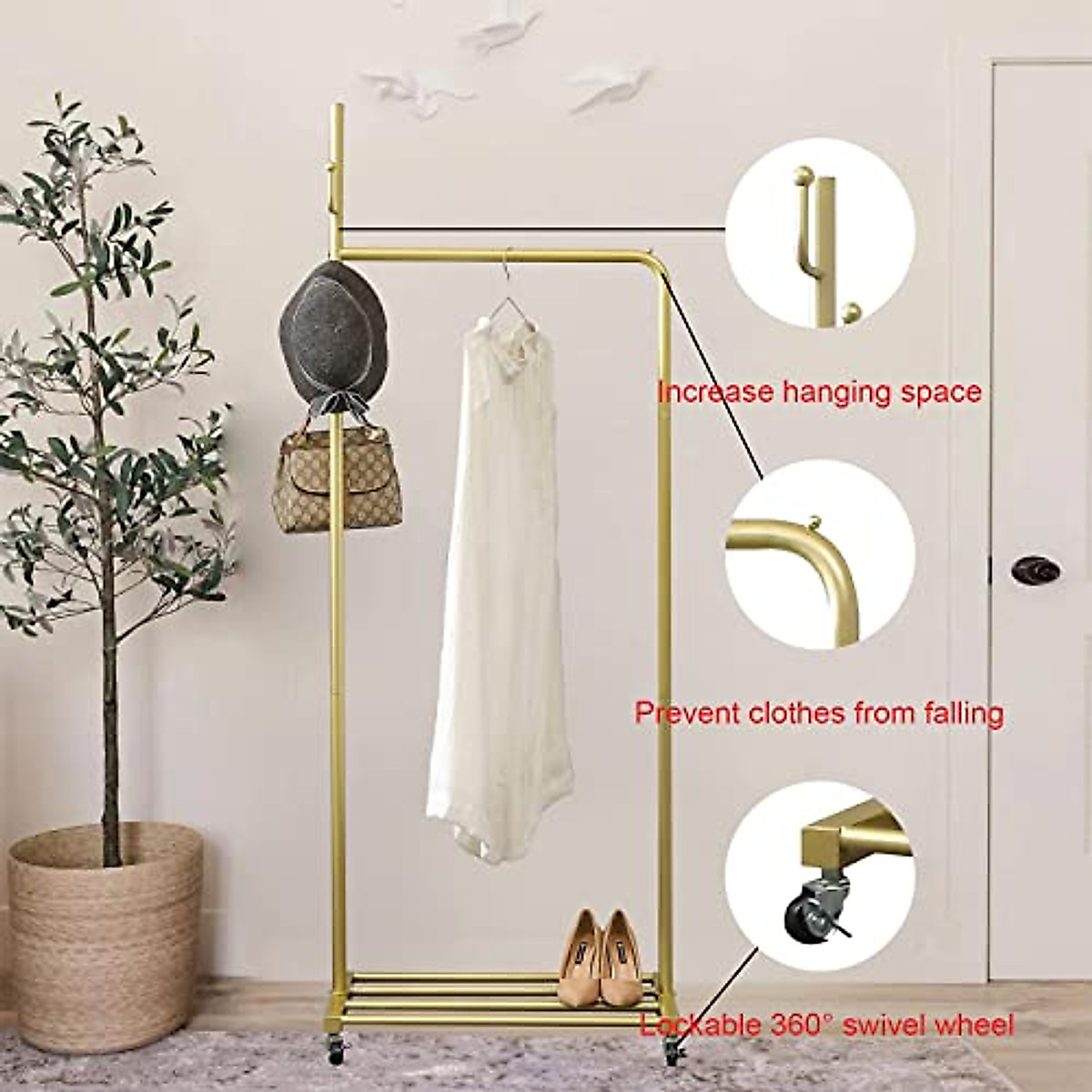 FJANKUI Clothing Garment Racks with Lockable Wheels, 3-in-1 Rolling Clothes Rack for Hanging Clothes, 5 Side Hooks and Bottom Shelves Organizing Clothes,Shoes,bags,hats(23.6in gold)