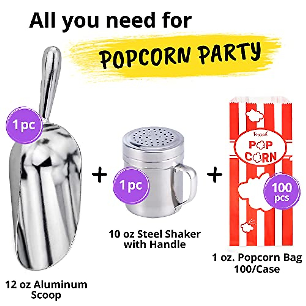 CUSINIUM Aluminium Popcorn Scoop - Popcorn Salt Shaker - [75 pcs] 1oz Popcorn Bags Bundle