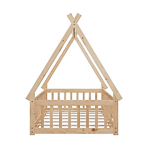 LostCat Twin Size Floor Bed for Kids Girls Boys, Wooden Montessori Floor Bed with Guardrails & Door, Tent-Shaped Floor Bed, Wood Slat Support, Easy Assembly, Natural