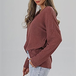 Deals of The Day Clearance Women's Tops Oversized v-Neck Long Sleeve Solid Color Shirts Waffle Knit Casual Loose 2023 Trendy Tees Shirt Wine M