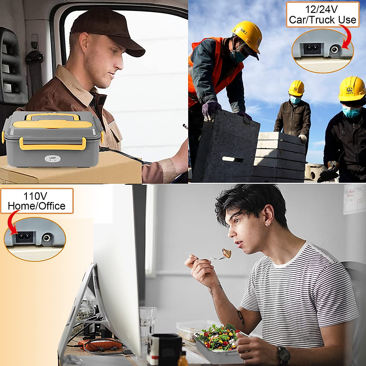 Electric Lunch Box Food Heater, 3 in 1 Food Warmer 12V 24V 110V Portable Heated Lunch Boxes for Car/Truck/Home Self Heating Box with 2 Removable 304 Stainless Steel Container, Fork & Spoon and Carry