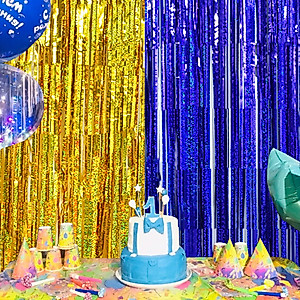 BEISHIDA 4 Pcs Blue and Gold Party Streamers Fringe Foil Curtain Backdrop Tinsel Background Party Decoration for Door Wall Graduation Birthday Wedding Anniversary Party Decoration(3.28 Ft x 8.2 Ft)