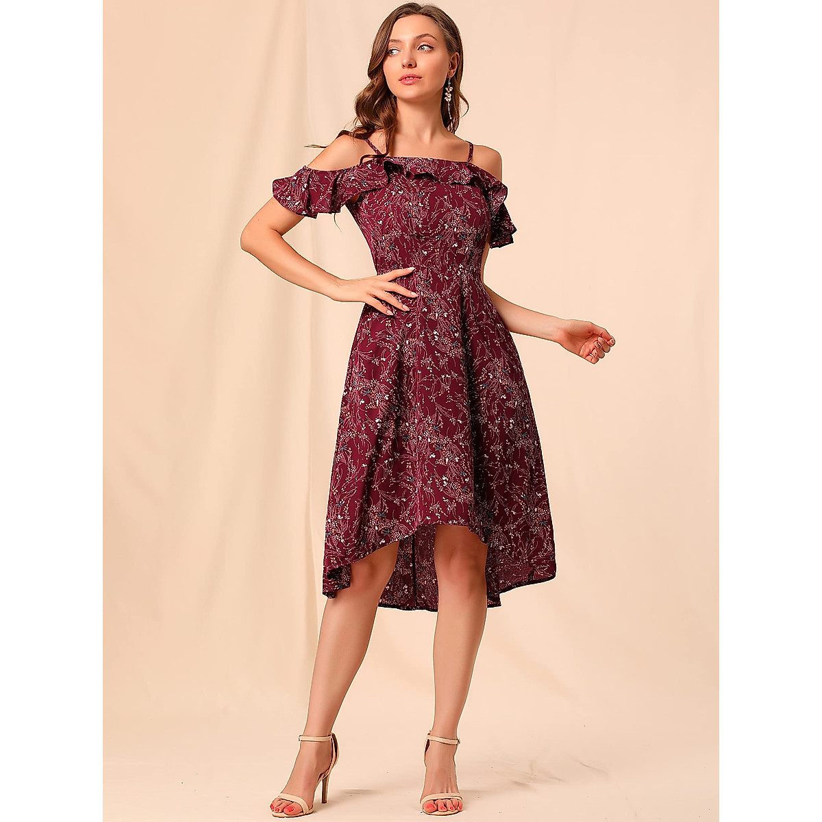 Allegra K Women's Spaghetti Strap Ruffled Sleeves Asymmetrical High Low Floral A-Line Midi Dress Large Wine Red