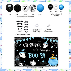 JOYMEMO Halloween Baby Shower Decorations Blue - Oh Sheet We're Having a Boo-y Backdrop, Halloween Balloon Garland Arch Kit with 3D Bat Stickers for Pregnancy Celebration Gender Reveal Party Supplies
