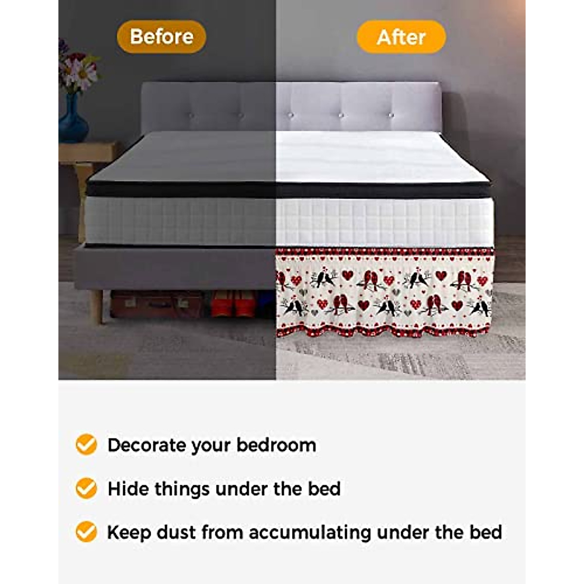 Valentine's Day Bed Skirt Queen Size 18 Inch Drop, Adjustable & Elastic Wrap Around Bed Skirts Pleated Luxury Dust Ruffles for Twin Full Queen Cal King Base Bed, Burlap Love-Bird Red Black Plaid