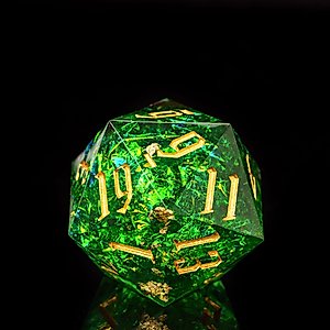 Cusdie Single D20 DND Dice with Sharp Edges and Glitter Foil Inclusions, 20 Sided D&D Dice, 33mm Handcrafted Polyhedral Dice, for Role Playing Game MTG Pathfinder (Green)