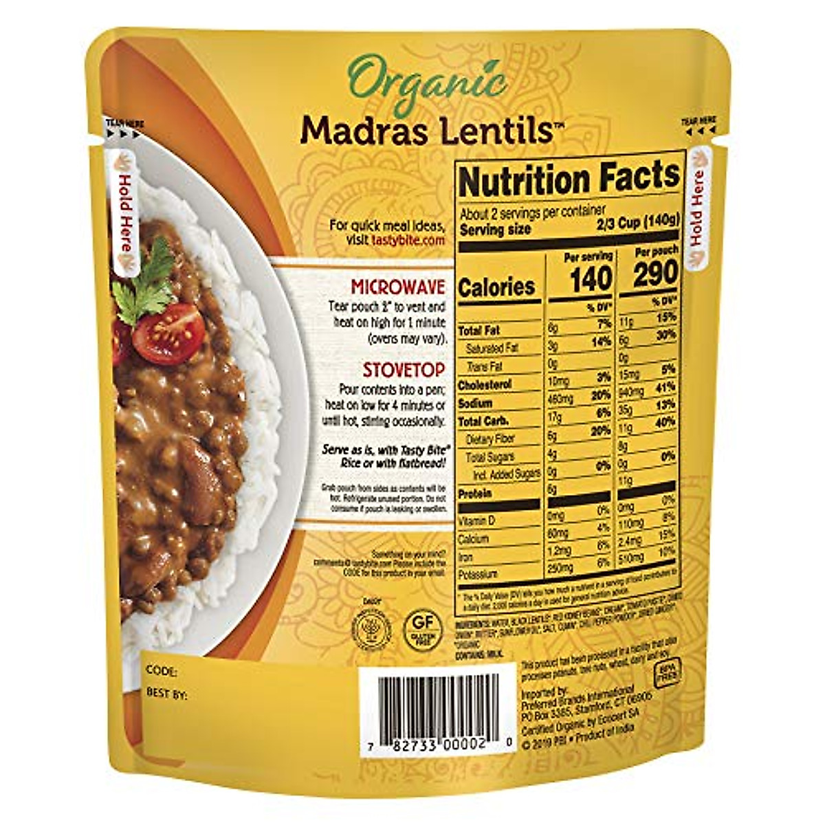 Tasty Bite Organic Indian Madras Lentils, Microwaveable Ready to Eat Entree, 10 Ounce (Pack of 6)
