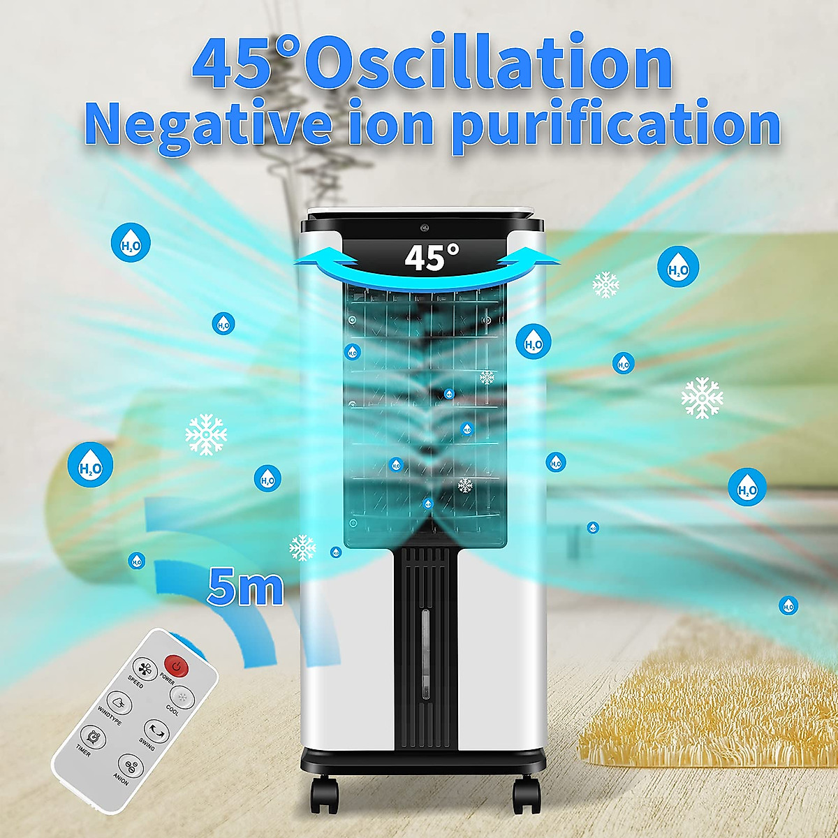 Portable Electric Air Conditioner Unit—2-1 Air Cooler & Tower Fan with 3 Speeds/Modes,12H Timer,with remote and 2 Ice Packs,7L Large Water Tank for Home,Office,Kitchen White