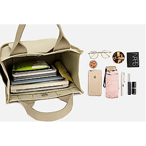 Women's Small Canvas Handbag Totes Purse Casual Multipocket Work Everyday Bag (Khaki)