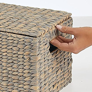 mDesign Woven Water Hyacinth Rectangle Storage Organizer Basket Bin with Topper Lid and Handles - Natural Farmhouse Holder Containers for Closet, Bedroom, Bathroom, Office - Set of 3 - Gray