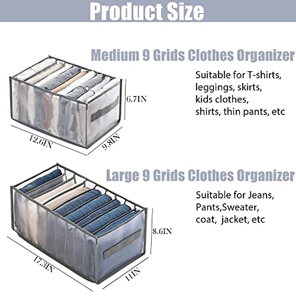 Duyoku Clothes Organizer - Dresser Drawer Organizers 2PCS, Drawer Organizer Clothes, 9 Grids Closet Storage, Washable, for Jeans, Pants, Sweater(GREY)