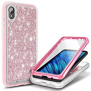 NZND Case for Motorola Moto E6 with Built-in Screen Protector, Full-Body Protection Bumper Shockproof Protective, Impact Resist Durable Cute Phone Case Cover -Glitter Shiny Bling Rose Gold