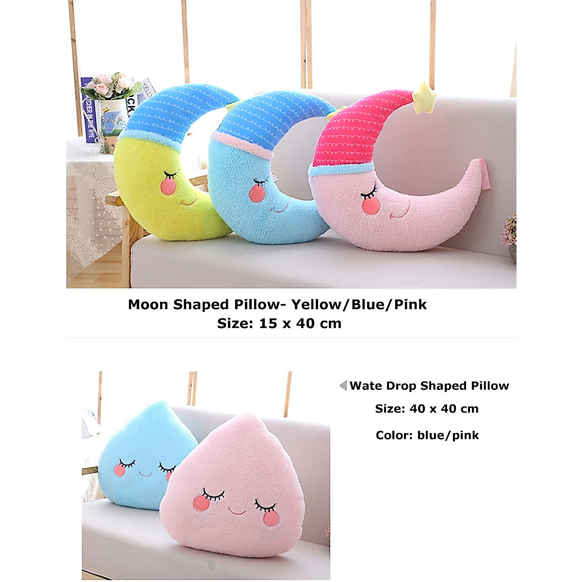 unlockgift Moon Shaped Pillows Plush Star Cloud Water Drops Cute Throw Pillows for Bedroom/Play Room/Nursery Decoration-Pink- Moon