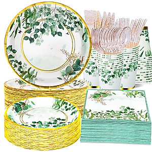 AWLZJZQA 350 Pcs Sage Green Plates and Napkins Party Supplies Serve 50 Sage Green Baby Shower Decorations Eucalyptus Paper Plates and Cups And Napkins Sets for Boho Birthday Wedding Baptism Bridal