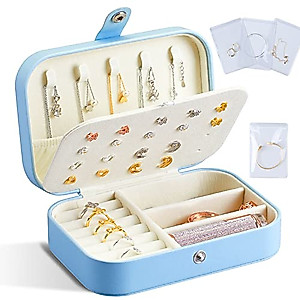 INSFIT Jewelry Box, Pu Leather Travel Jewelry Storage Case Mini Jewelry case Double Layer Small Jewelry Box for Women Girls Gift/Blue