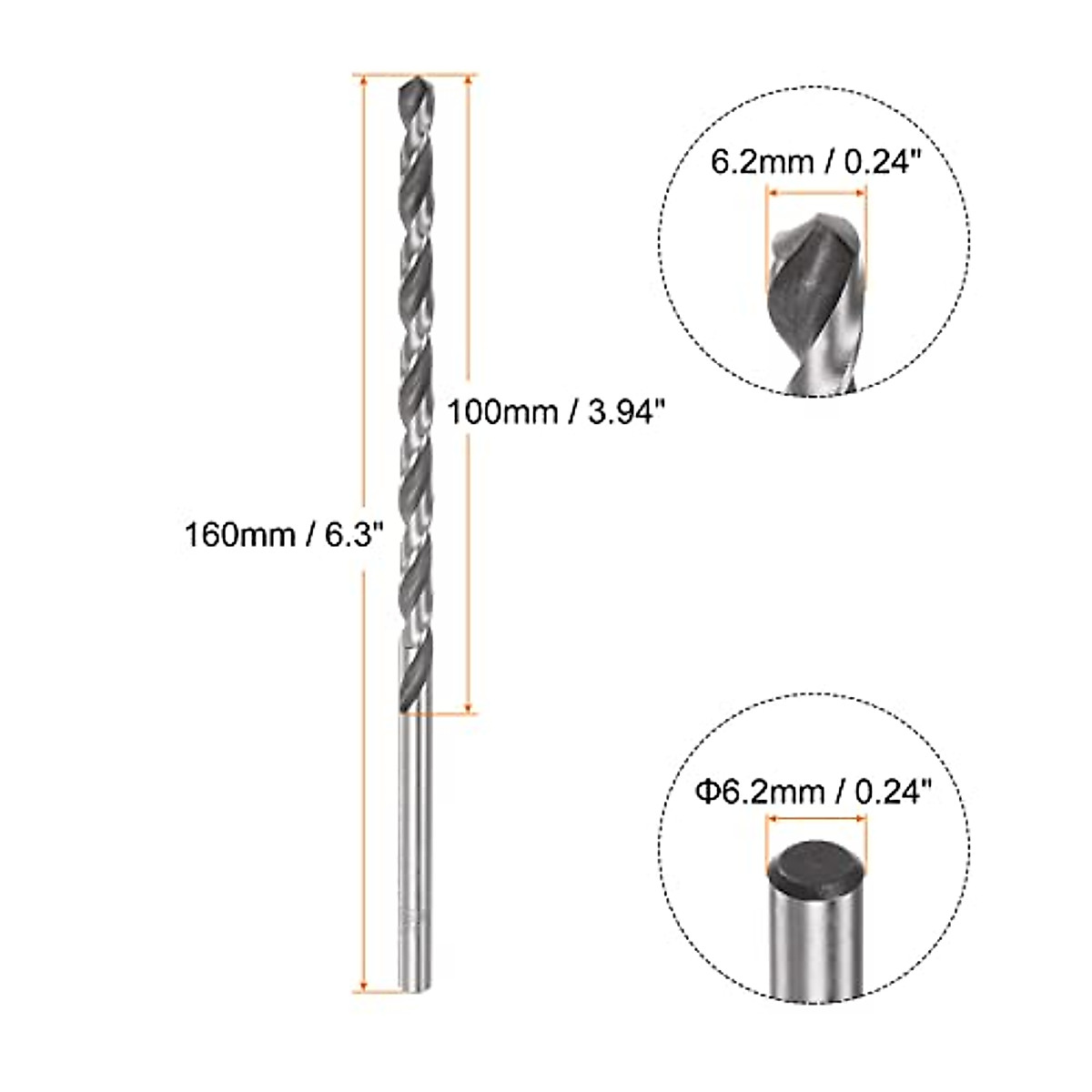 HARFINGTON 6542 High-Speed Steel Twist Drill Bit, 6.2mm Drill Bit 160mm Length Extended Straight Shank Black Oxide Ground Drill Bit for Steel Aluminum Alloy