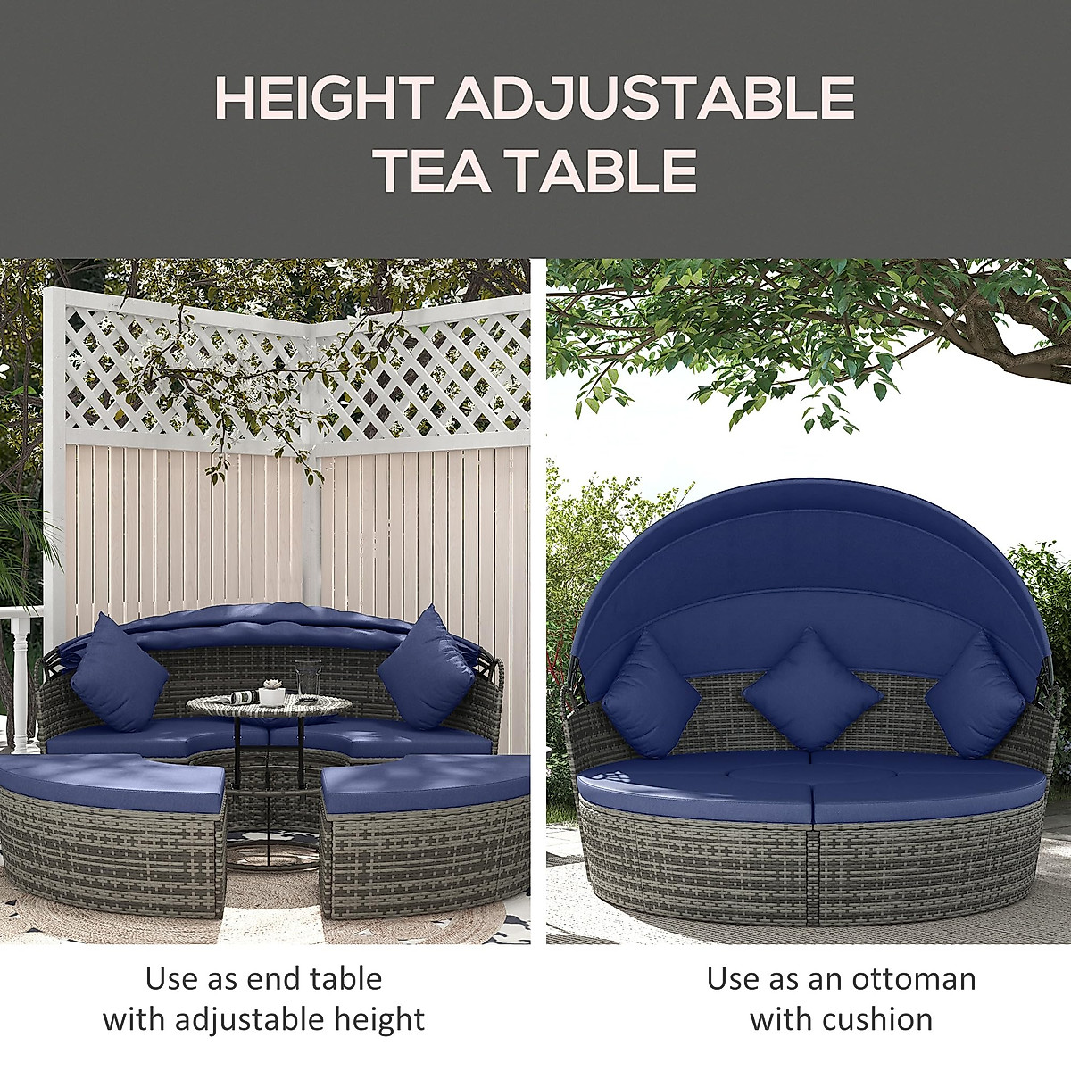 Outsunny 4 Piece Round Rattan Daybed, Convertible Patio Furniture Set, Adjustable Sun Canopy, Sectional Outdoor Sofa, 2 Chairs, Extending Tea Table Ottoman Chair, 3 Pillows, Dark Blue