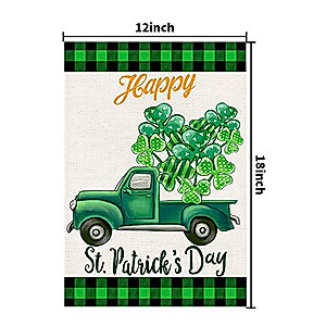 Happy St. Patrick's Day Burlap Garden Flags 12x18 Inch Double Sided, Green Truck Lucky Shamrock Sign Small Farmhouse Yard Outdoor Decorations DF191