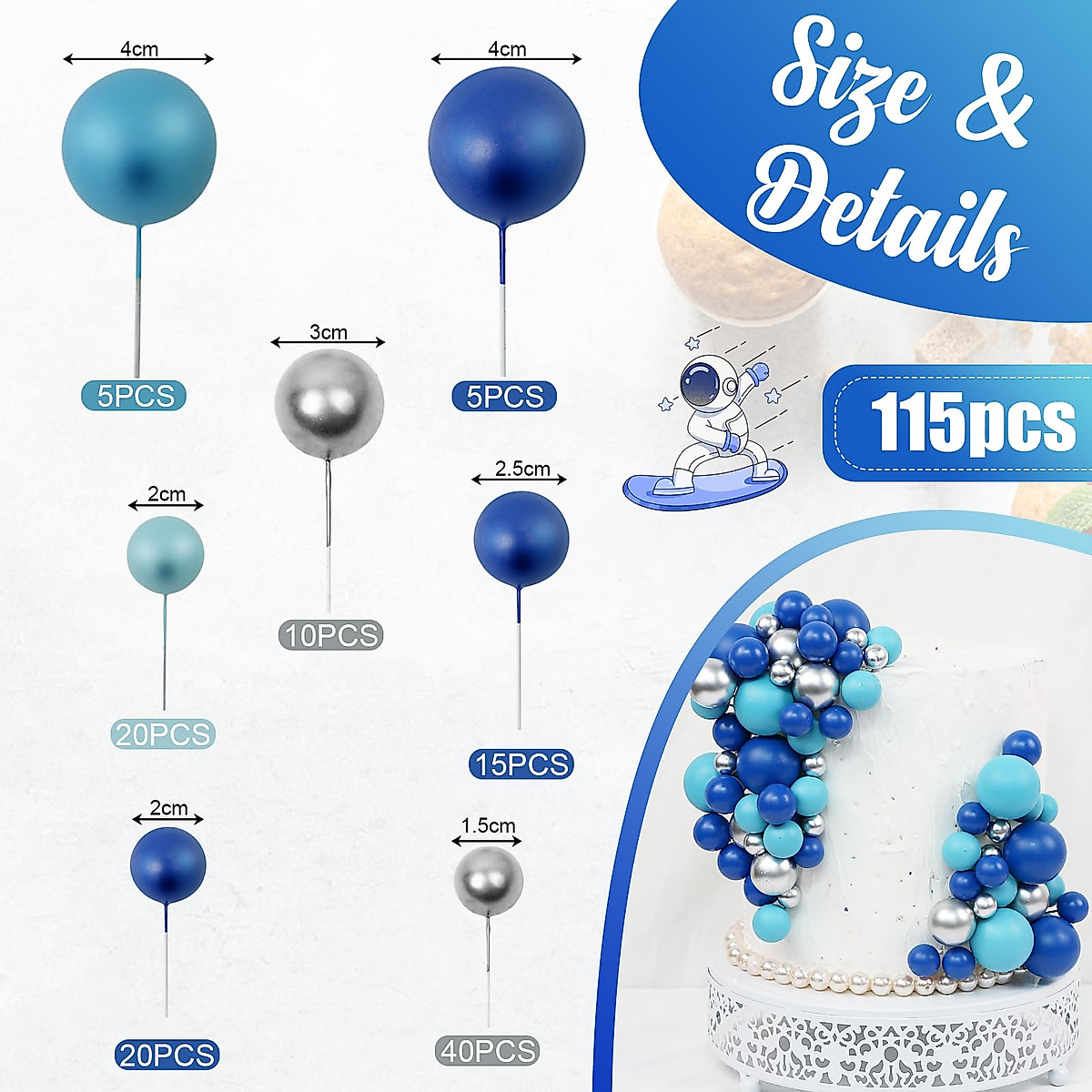 Acmee 115 PCS Ball Cake Toppers - Mini Balloon Cake Decorations Foam Ball Cupcake Picks DIY Cake Insert Toppers for Birthday Party Wedding Baby Shower (Blue, Silver)
