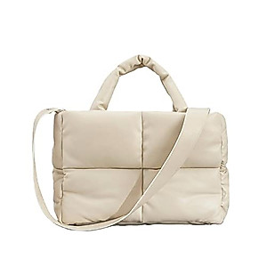 Quilted Tote Bag Women's Solid Color Big Checked Opening Padded Shoulder Bag for Work Large Down Puffer Crossbody Bag (Beige)