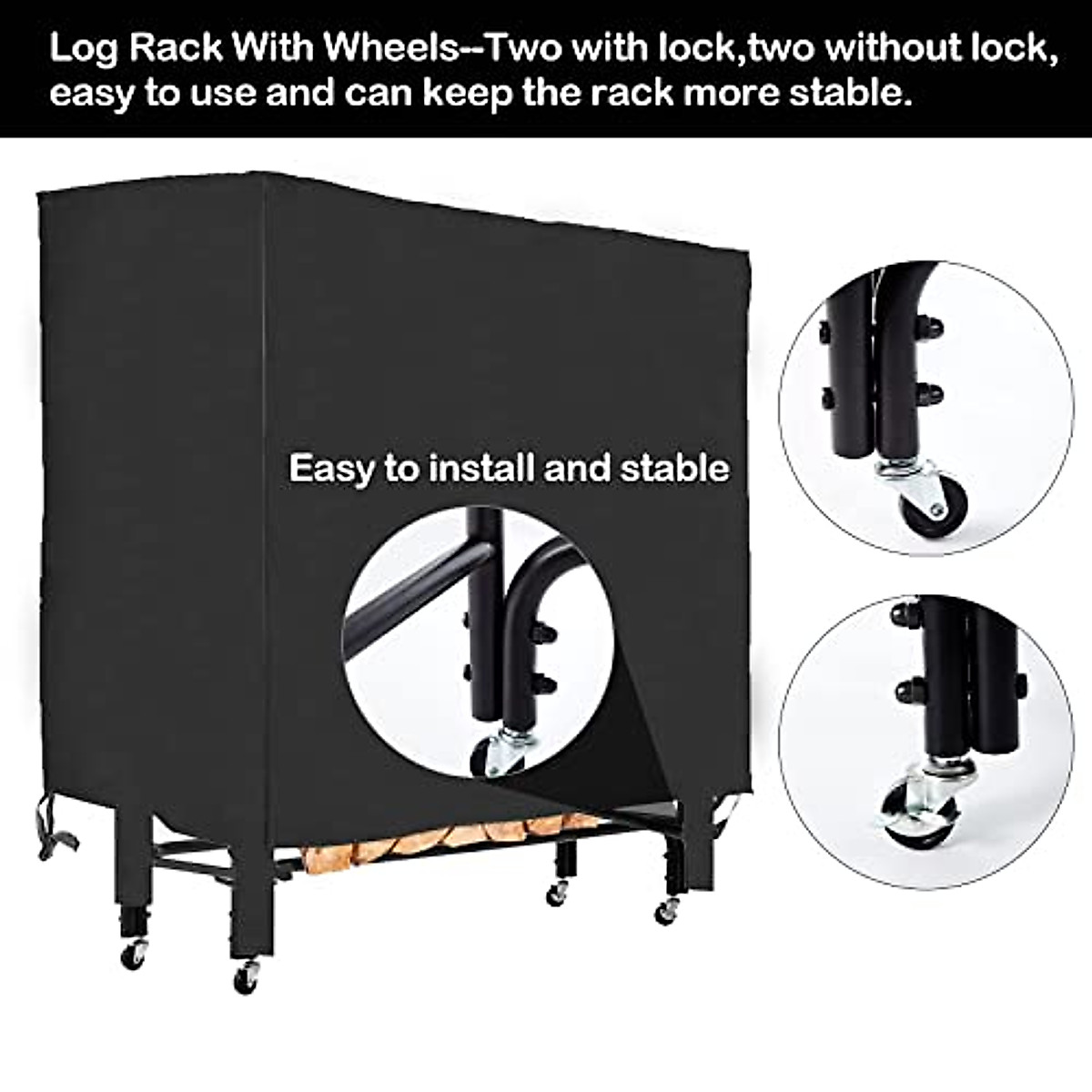 Kweetle 4FT Outdoor Firewood Rack with Wheels and Weather-proof Cover, Log Storage Stand Metal Fire Wood Holder Heavy Duty Firewood Cart for Firewood