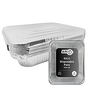 EJY IMPORT Aluminum Pans Half Size, 9x13, Heavy Duty Disposable Foil Pans For Baking, Chafing & Roasting, Deep Tin Foil Bakeware, Food Prepping, Steam Table Tray. (10 Pack, With Lids)