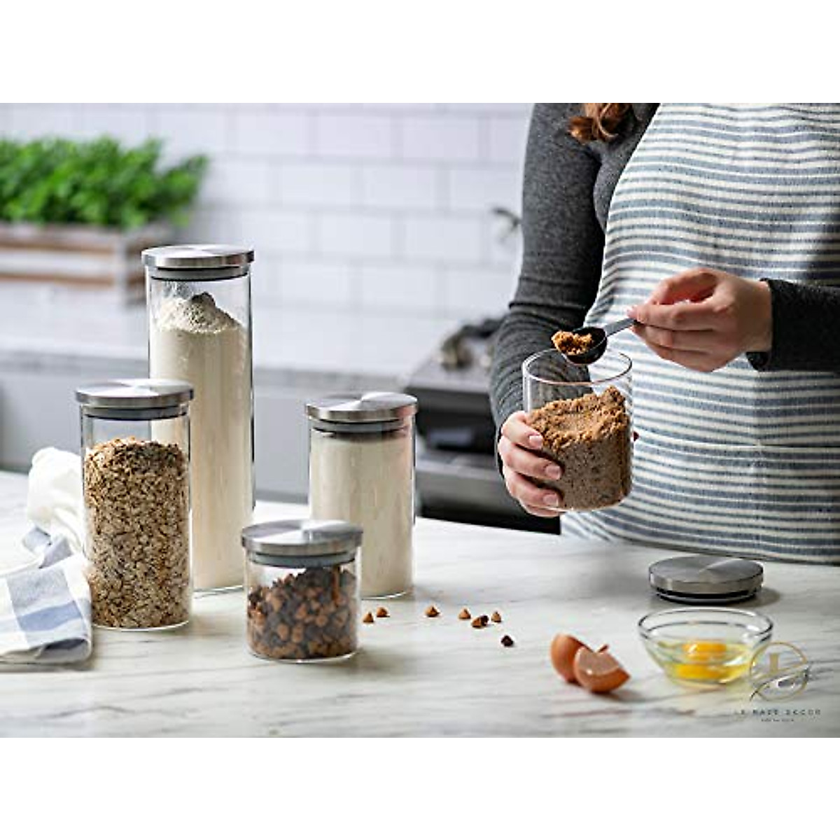 Set of 5 Glass Kitchen Canisters with Airtight Stainless-Steel Lid - Dishwasher Safe, Storage Jars for Kitchen, Bathroom & Pantry Organization, Ideal for Flour, Sugar, Coffee, Cookie Jar, Candy, Snack