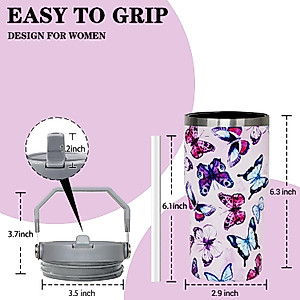 Hachishun Butterfly Tumbler with Handle, Stainless Steel Vacuum Insulated Flip Straw 20 oz Pink Butterfly Tumbler Spill Proof Coffee Travel Mug Butterfly Gifts for Women