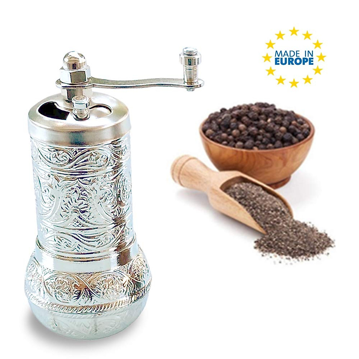 Salt and Black Pepper Grinder, Refillable Spice Grinder, Vintage Turkish Pepper Mill, Authentic Salt Grinder with Adjustable Coarseness, 4.2 in (Bright Silver)