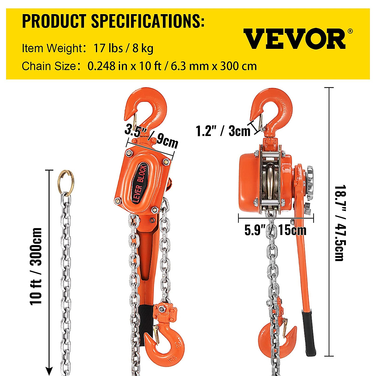 VEVOR Lever Chain Hoist, 0.75Ton 1650lbs Capacity Ratchet Puller with 10FT Max. Lifting Height, Come Along 2 Heavy Duty Steel Hooks, Manual Handling Tool for Cargo Moving in Construction, Warehouse , Orange