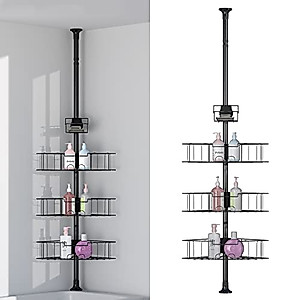 SANDEGOO Corner Shower Caddy Tension Pole,Black 4 Tier Adjustable Shower racks for inside Shelves Bathroom Bathtub Shampoo Holder Organizer Storage Rack, Rustproof Stainless Steel Shower 40-120 inch