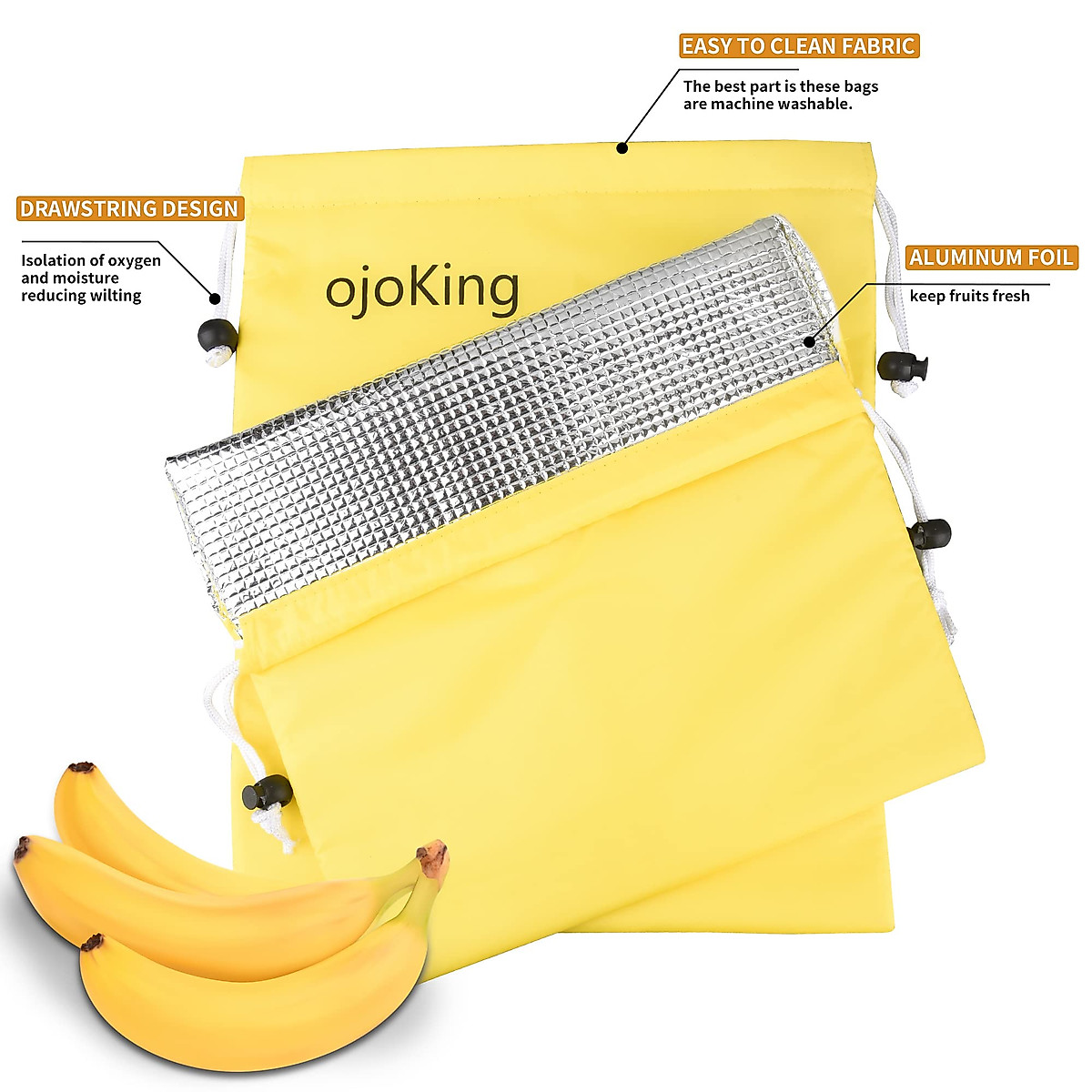 ojoking Yellow Banana Storage Bag keeps fresh for a long time, reusable fruit storage bag,keep bananas fresh,banana saver，banana bags to prevent ripening，(SET OF 2)