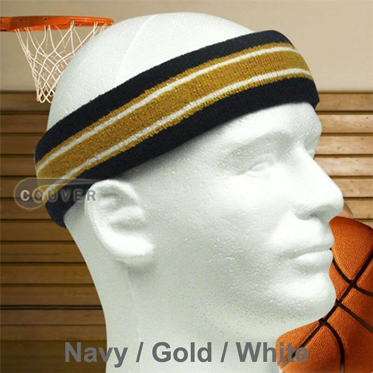 COUVER HB777 Long Thick Sports Basketball Headband for Large Head (1 Piece) Navy/Golden Yellow/White