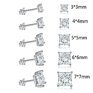 5 Pairs 18K White Gold Plated Princess Cut Clear Cubic Zirconia Stud Earring Pack