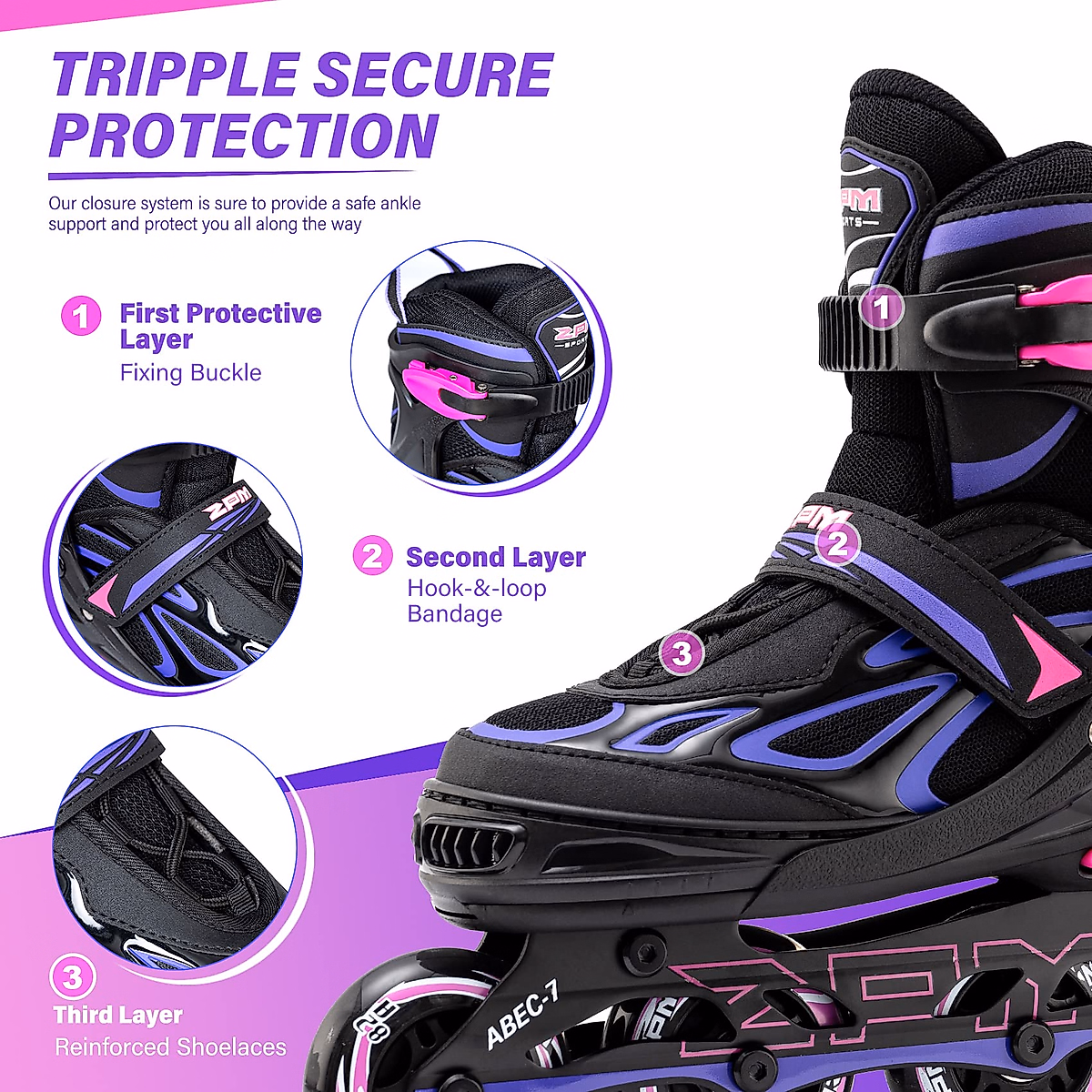 2pm Sports Vinal Girls Adjustable Inline Skates with Light up Wheels Beginner Skates Fun Illuminating Roller Skates for Kids Boys and Ladies - Violet Medium(1Y-4Y US)