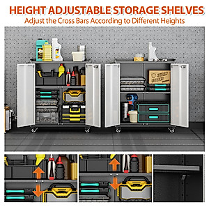Aobabo 31.5" H Metal Storage Cabinet with Wheels, Locking Steel Rolling Tools Chest with Handle, Garage Tool Storage Cabinet with 1 Shelves 2 Side Pegboards and 4 Hooks,Assembly Required, Black Grey