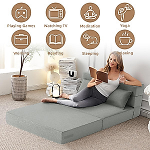 FILUXE Convertible Folding Sofa Bed-Sleeper Chair with Pillow, Modern Linen Fabric Floor & Futon Couch, Foldable Mattress for Living Room/Dorm/Guest Use/Home Office/Apartment, Full Size, Light Gray