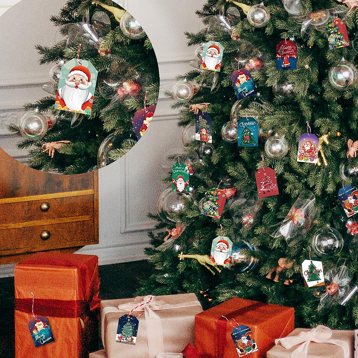 120 Pcs Christmas Gift Tags, Christmas Hanging Tag Label for Christmas DIY Decorations Present Wrapping, with 20m / 66ft Christmas Ribbons, Gift decoration, 12 Styles