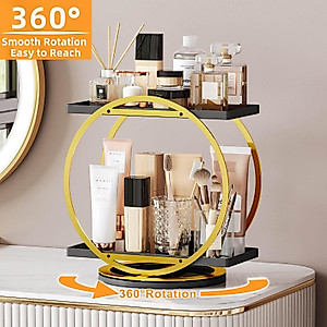 Perfume Organizer for Dresser, 360 Rotating Makeup Organizer for Vanity, 2 Tier Large Capacity Bathroom Counter Organizer Cosmetic Skincare Storage Countertop Holder for Bedroom Kitchen(Black Gold)