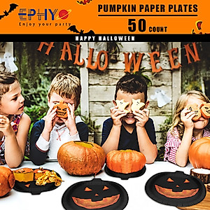 EPHYO 50Count Halloween Paper Plates 10.24 x 10in Disposable Party Supplies Black Pumpkin Dessert Dinner Birthday Party Decorations Cake Appetizer Cute Dinnerware Tableware for Kids