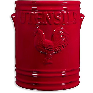 MosJos Kitchen Utensil Holder for Countertop - Large 7” Rustic Ceramic Utensil Crock - Dishwasher-Friendly Rooster Cooking Utensil Organizer Caddy for Farmhouse Kitchen Decor .red