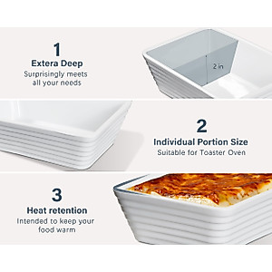 ONEMORE Small Baking Dish, Rectangle Ceramic Baking Dish for Oven, Individual Casserole Dishes for Toaster Oven, 5x7 Small Deep Lasagna Baking Dish, Oven Safe, 1-2 Person Baking Dishes Set of 4, White
